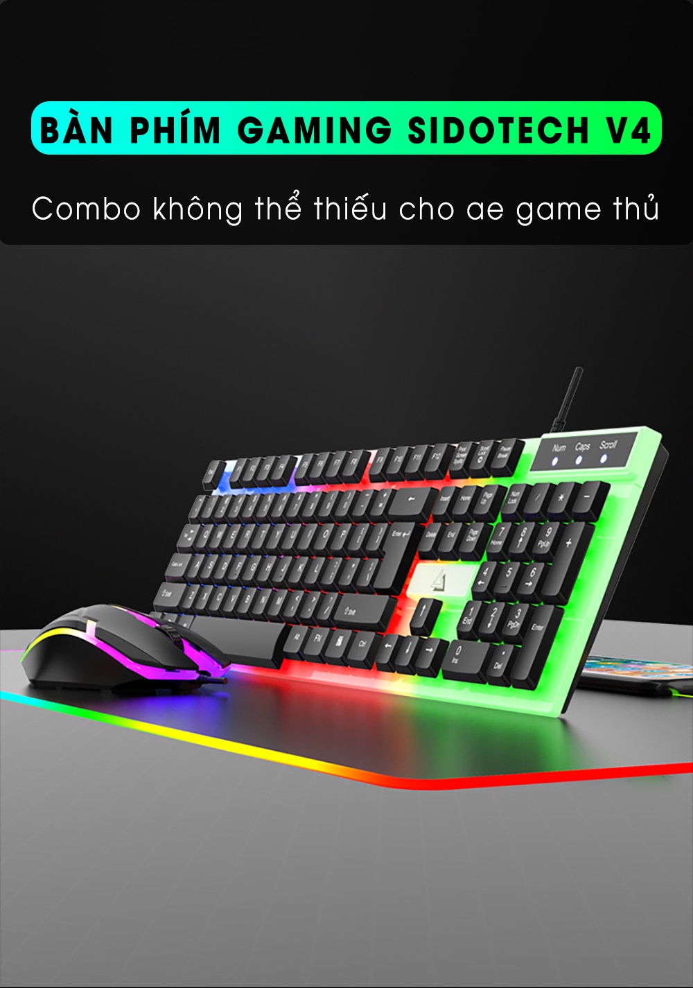 Bàn phím máy tính có dây gaming SIDOTECH V4 giả cơ chống nước led rgb chơi game làm việc văn ...