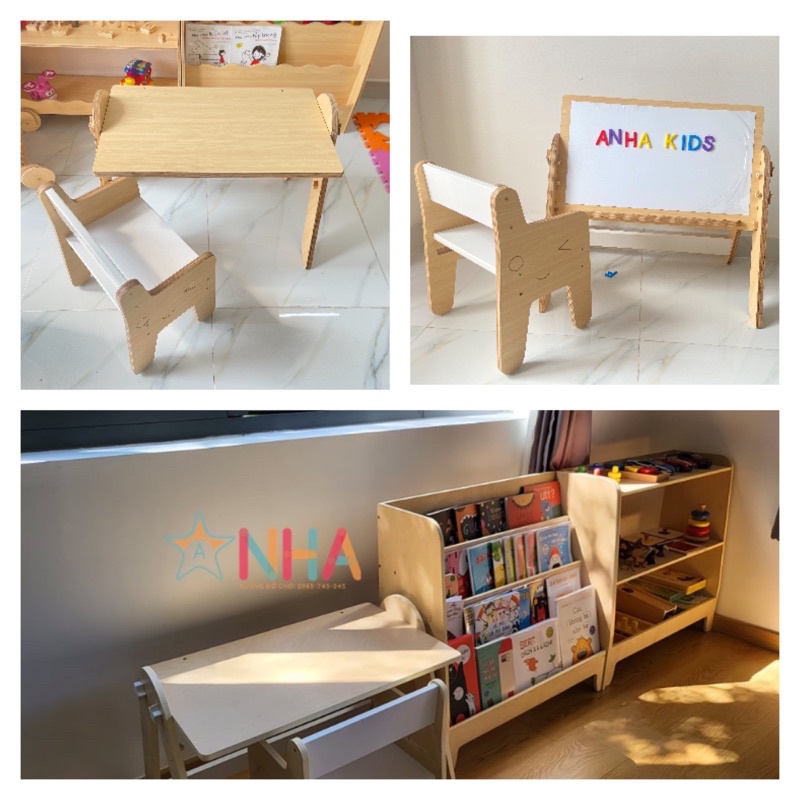 ANHA KIDS Bàn ghế montessori, bộ bàn ghế gỗ cho trẻ em 2 nấc chiều cao ...