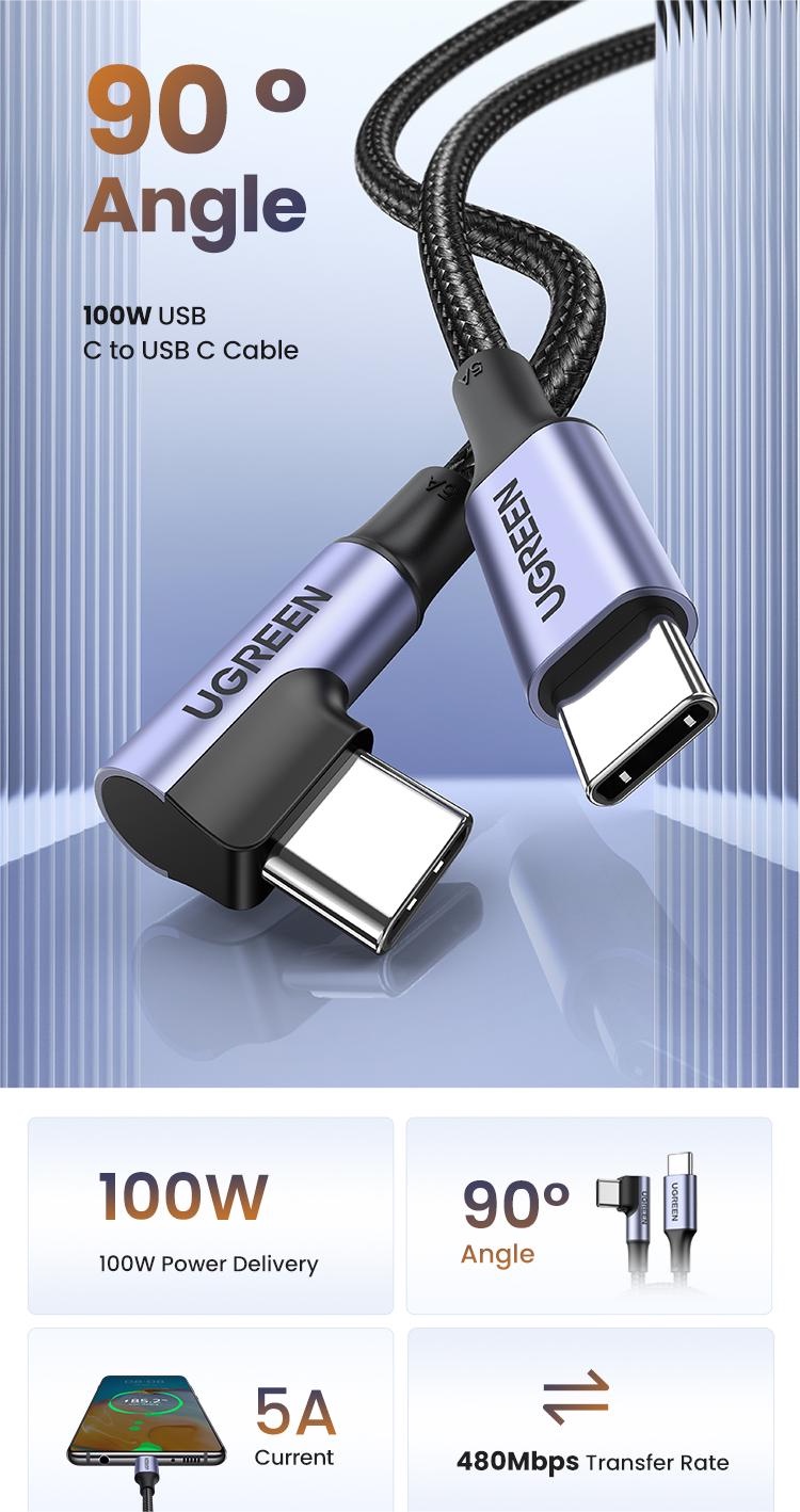 Cáp UGREEN 100W 5A USB C sang USB C Góc phải PD Sạc nhanh Loại C Cáp dữ liệu nguồn 90 độ ...