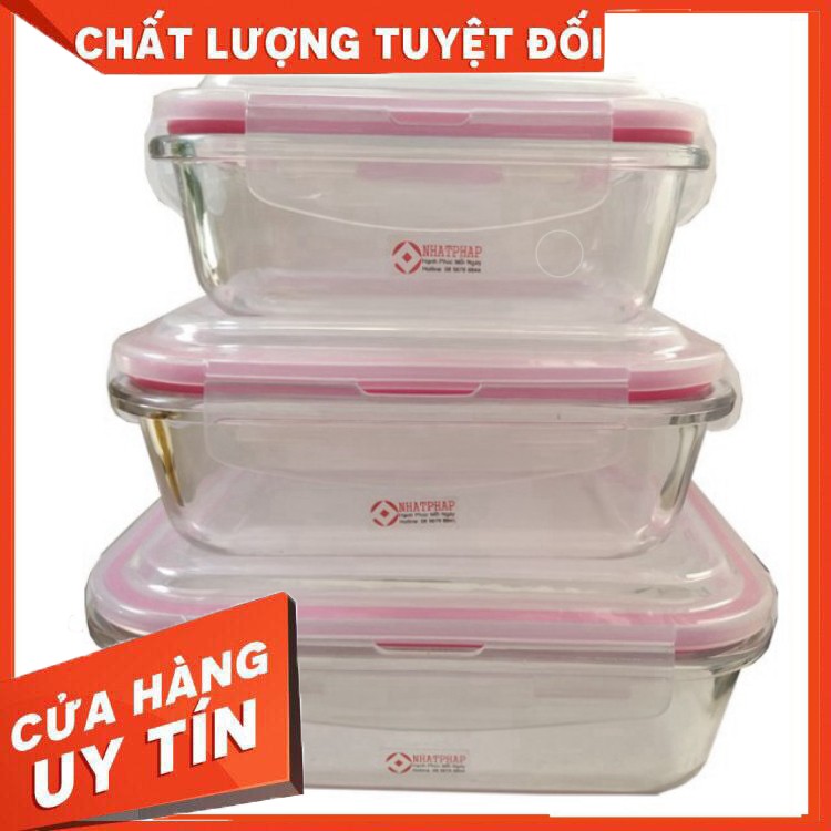 [ Hàng Chính Hãng ] Bộ 3 hộp đựng cơm thủy tinh hình chữ nhật dùng được lò vi sóng (370 + 640 ...