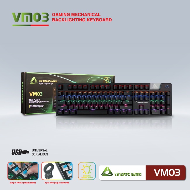 Keyboard VSP VM03 Black USB Chính hãng (Phím cơ, Blue switch, 21 chế độ ...