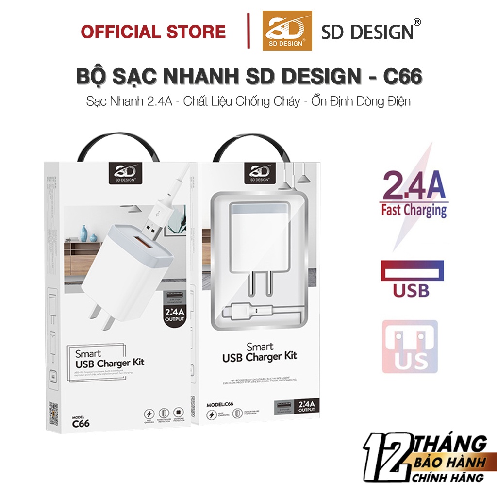Bộ Củ Sạc Nhanh C66 chính hãng SD DESIGN Hỗ Trợ Sạc Nhanh cho các thiết bị di động Dây Cáp Dài ...