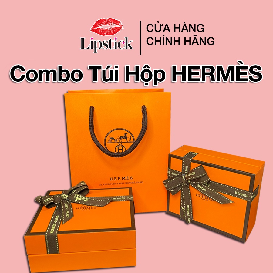 Hộp quà túi hãng Hermes kèm nơ thiệp làm quà tặng, phụ kiện cho son Hermes (Combo gồm 1 túi ...
