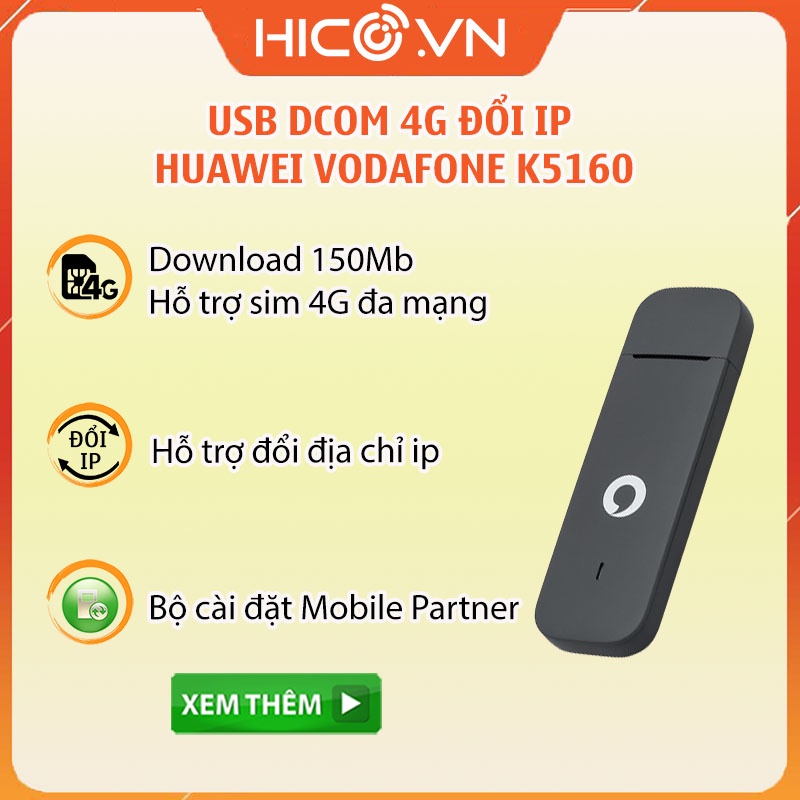 USB Dcom 4G Huawei Vodafone K5160 hỗ trợ đổi địa chỉ ip tốc độ 150Mbps ...