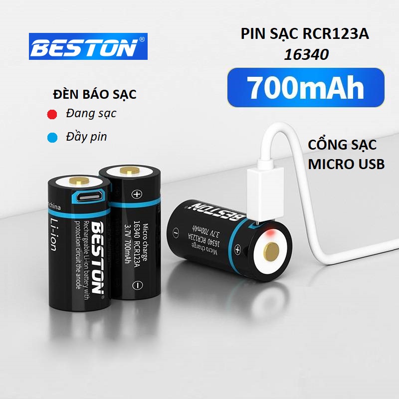 Vỉ 2 pin sạc CR123A 16340 Beston Li-ion cáp micro USB dùng cho camera ...