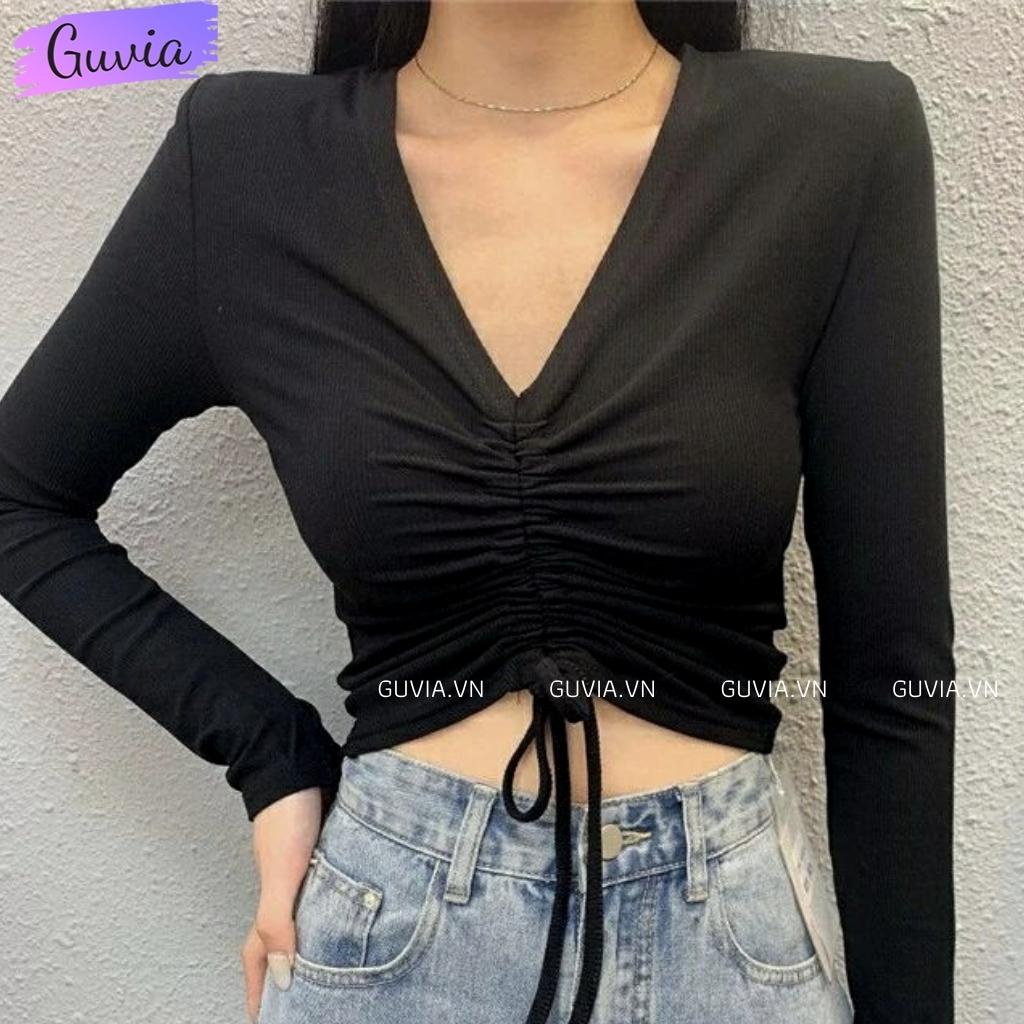Áo Croptop Nữ Cổ Vuông Tay Dài Ôm Body Co Giãn Tốt, Áo Croptop Tay Dài Cổ Vuông Thun Borip GUVIA ...