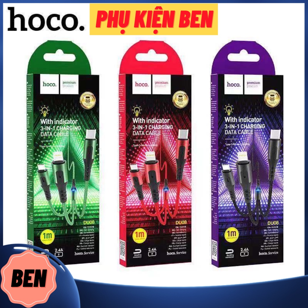Dây Cáp Sạc Dù Báo Đèn 3 đầu Hoco DU08 3in1 Chính Hãng-Bảo Hành 12 ...