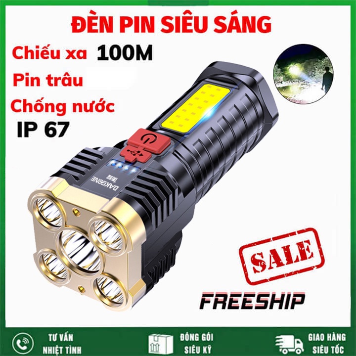 Đèn pin led sạc siêu sáng cầm tay 4 chế độ, đèn pin cầm tay 5 COB có ...