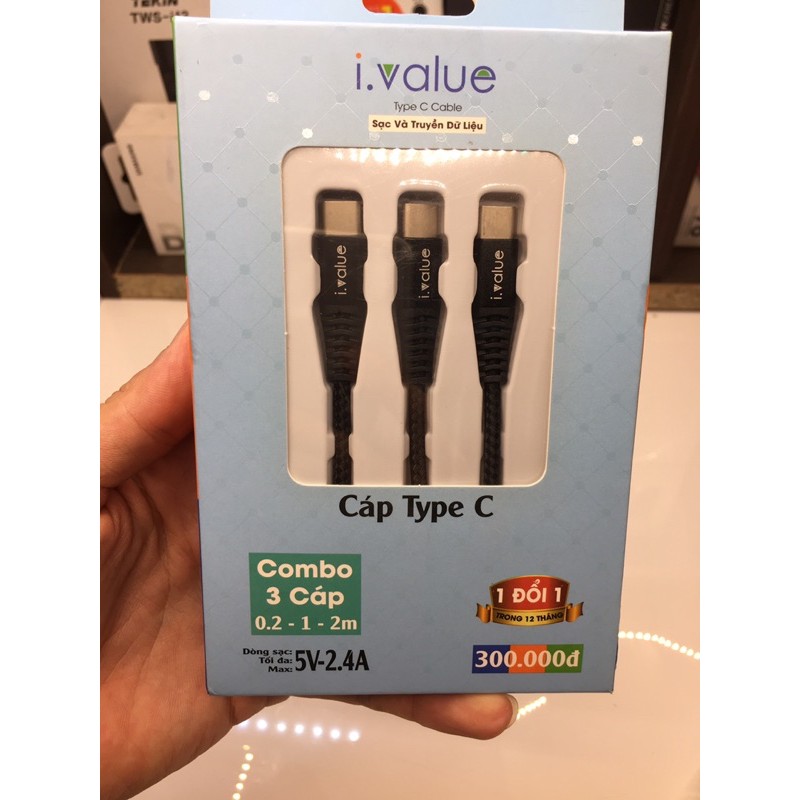 Combo 3 cáp sạc điện thoại ivalue 0.2m,1m,2m đầu Micro, IP, Type-C ...