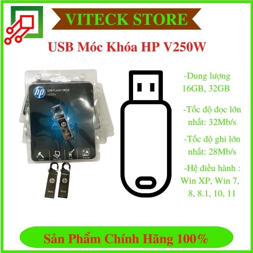 USB Móc Khóa HP 16GB , 32GB V250W 2.0 - Vỏ nhôm nguyên khối cao cấp ...
