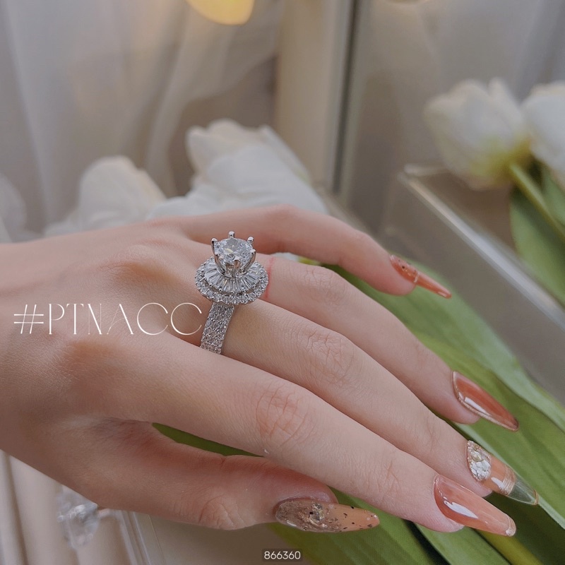 PTNACC Nhẫn nữ xi bạch kim soàn tấm đế tròn phối đá paguet | Shopee ...