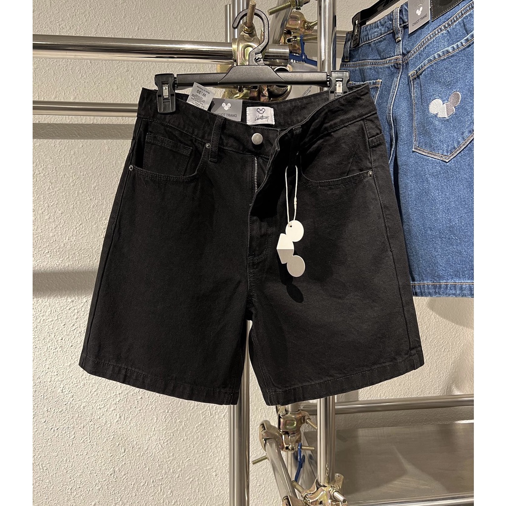 Quần SHORT JEAN đen CHUOTTRANG Logo ống rộng | Shopee Việt Nam