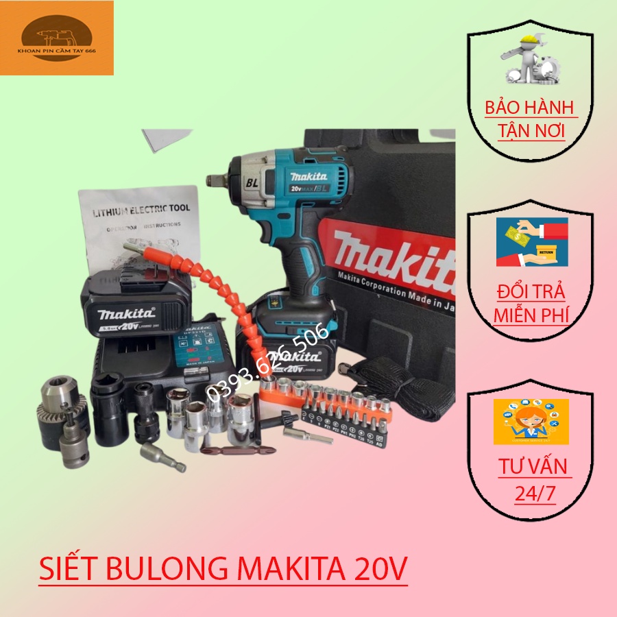 Máy Siết Bulong MAKITA 20V Hàng Cao Cấp Lõi Đồng Không Chổi Than, 3 Đèn Led Trợ Sáng,Dùng Mở bu ...