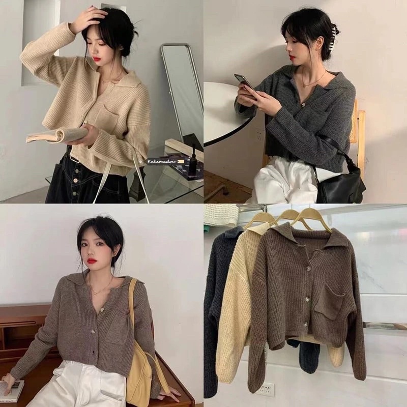 Áo Len Croptop Nữ Màu Be Ghi Nâu Cổ Sơ Mi Có Túi Ngực Dáng Suông Phong ...