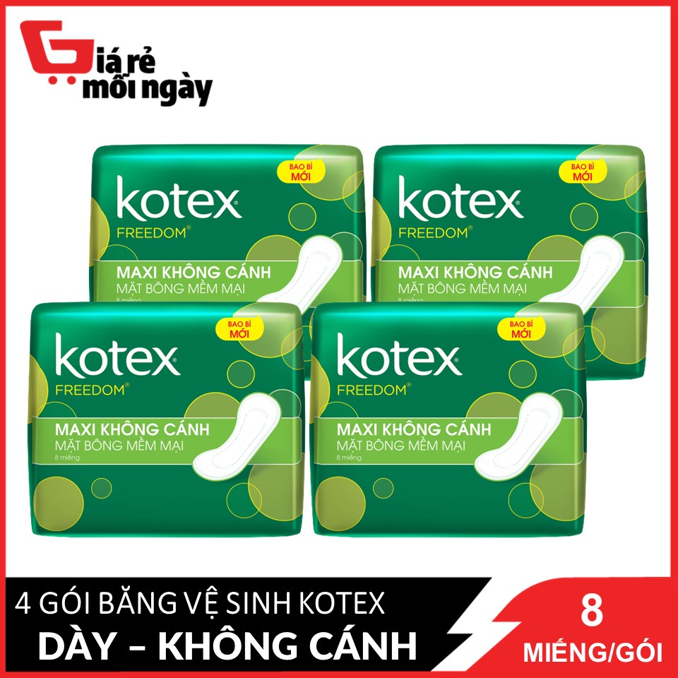 Combo 4 Băng Vệ Sinh Maxi 23cm Không Cánh Kotex FreeDom Mặt Bông Mềm Mại 8 miếngx4 | Shopee Việt Nam
