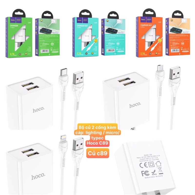 🌟 🌟 Bộ củ sạc hoco C89 2 cổng usb sạc nhanh 2.1A kèm dây sạc các loại ...