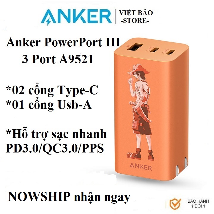 Củ Sạc Anker Powerport III 3 cổng 65w bản ONE PIECE A9521, hỗ trợ sạc ...
