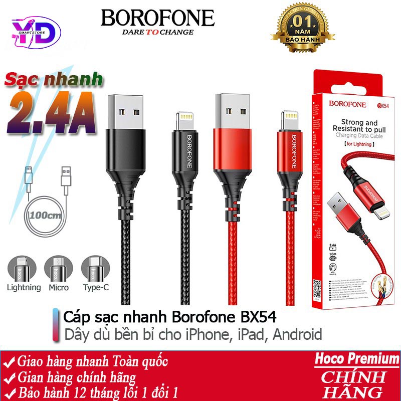 Cáp sạc nhanh BX54 dây dù 2.4A cho iPhone, Android, iPad, dây sạc nhanh dài 1m - hàng zin bảo ...