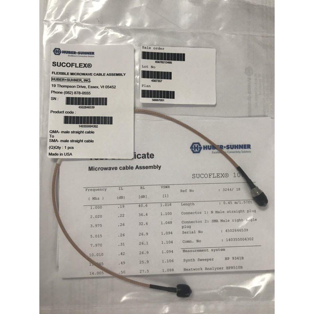 Cáp kết nối tín hiệu SUCOFLEX 100- QMA(Male) to SMA(Male) assembly ...