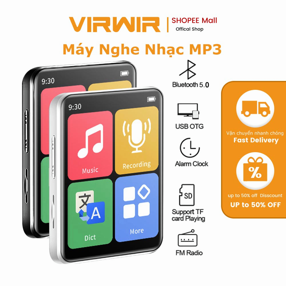 Máy nghe nhạc MP4 VIRWIR Bluetooth 5.0 màn hình cảm ứng có loa/ đài FM ...
