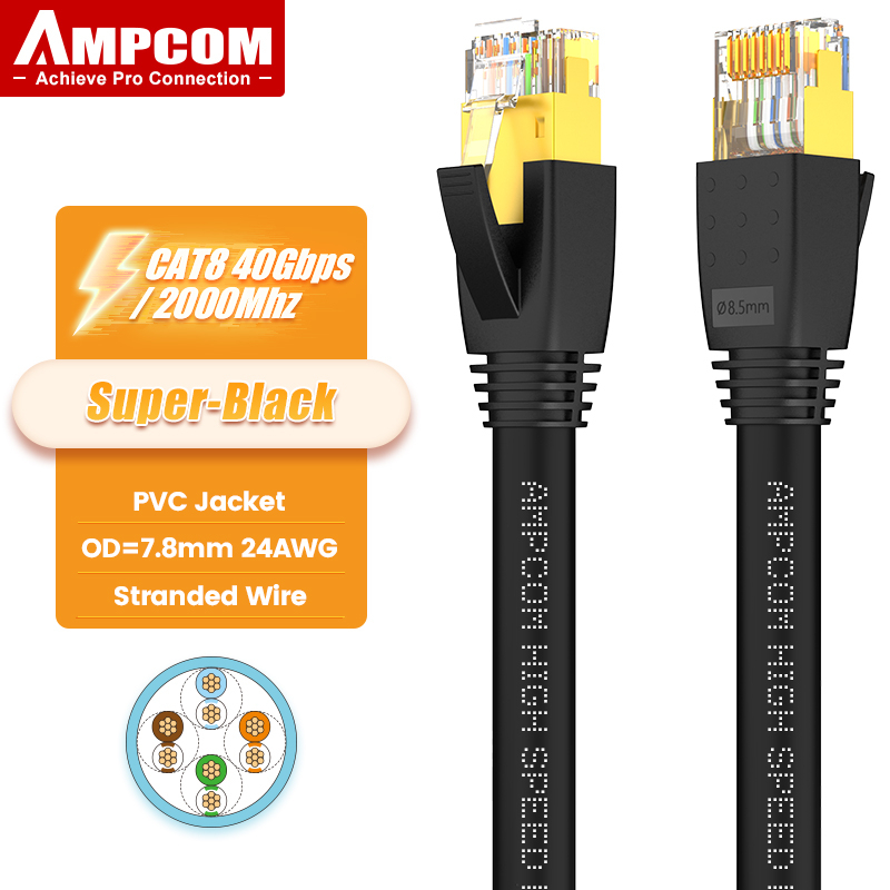 AMPCOM CAT8 Ethernet Cable, CAT8 S/FTP Ethernet Cable (24AWG, 8.0mm), High Speed Patch Cable ...