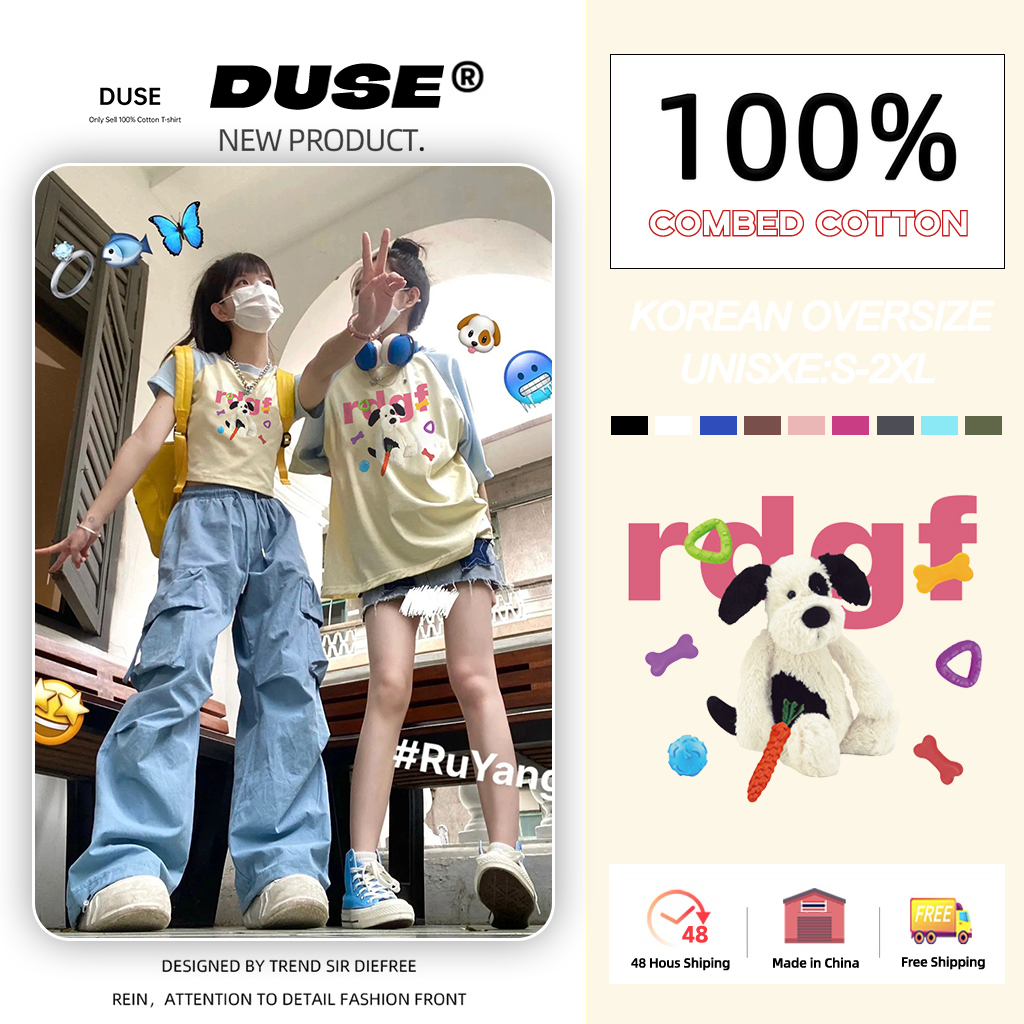 「DUSE」Áo Thun 100% cotton Raglan Tay Ngắn Cổ Tròn In Hình Chú Chó Màu ...