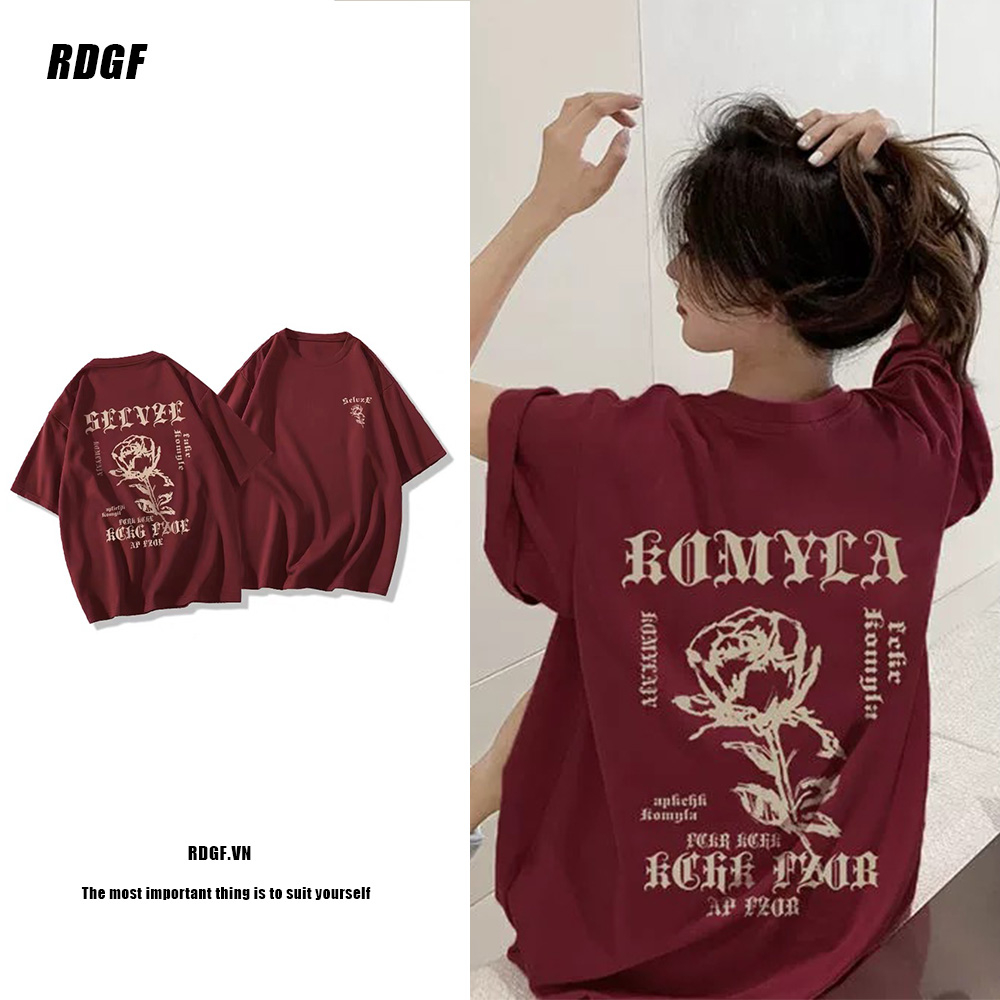 RDGF Áo Thun Cotton Dáng Rộng Tay Ngắn Màu Đỏ Nguyên Chất In Họa Tiết ...