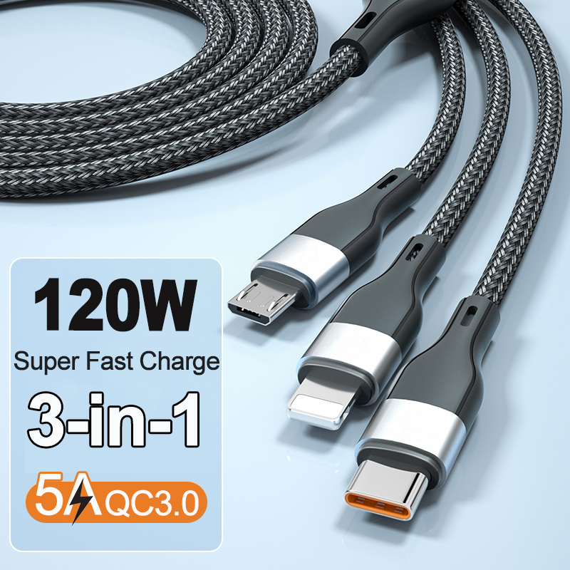 Dây Cáp Sạc Nhanh 5a 120w 3 Trong 1 Đầu Usb Sang Type C Cho Iphone