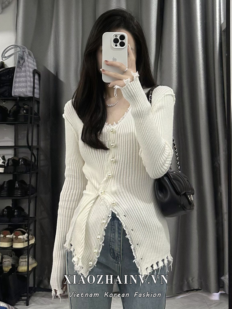 Xiaozhainv Áo Khoác cardigan Dệt Kim Tay Dài Cổ Chữ v Màu Trơn Thời ...