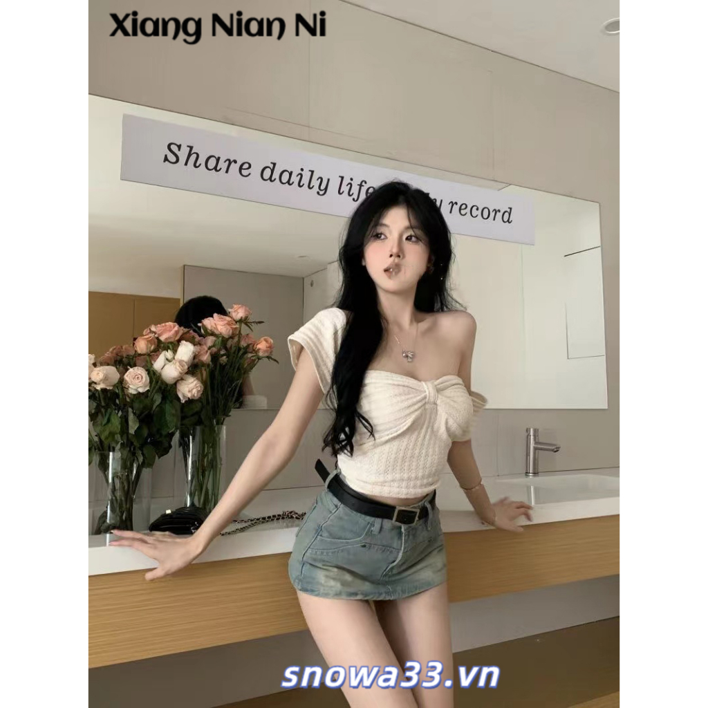 Xiang Nian Ni Áo Thun Ngắn Tay Cổ Vuông Xếp Ly Ôm Dáng Đính Nơ Cho Nữ | Shopee Việt Nam
