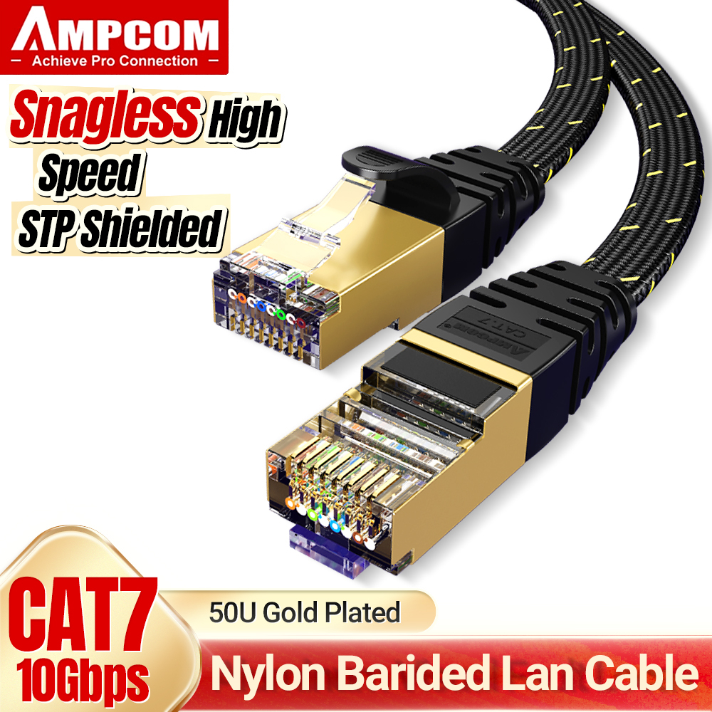 Cáp Ethernet AMPCOM CAT7 (10G 600 MHz), Dây vá mạng RJ45 phẳng được bảo ...