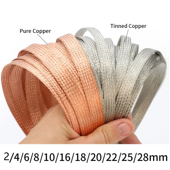 Width 2~28mm Tinned Copper Pure Copper Braided Sleeve Expandable Metal Sheath Screening Signal ...