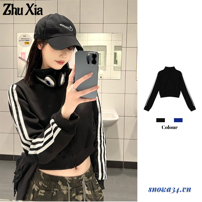 Zhu Xia Áo Khoác Thể Thao Khóa Kéo Cổ Đứng Dài Tay Phong Cách Mỹ Thời ...