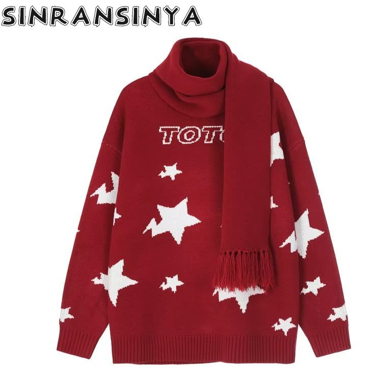 Áo sweater SINRANSINYA dệt kim cổ tròn dáng rộng in hình ngôi sao phong ...