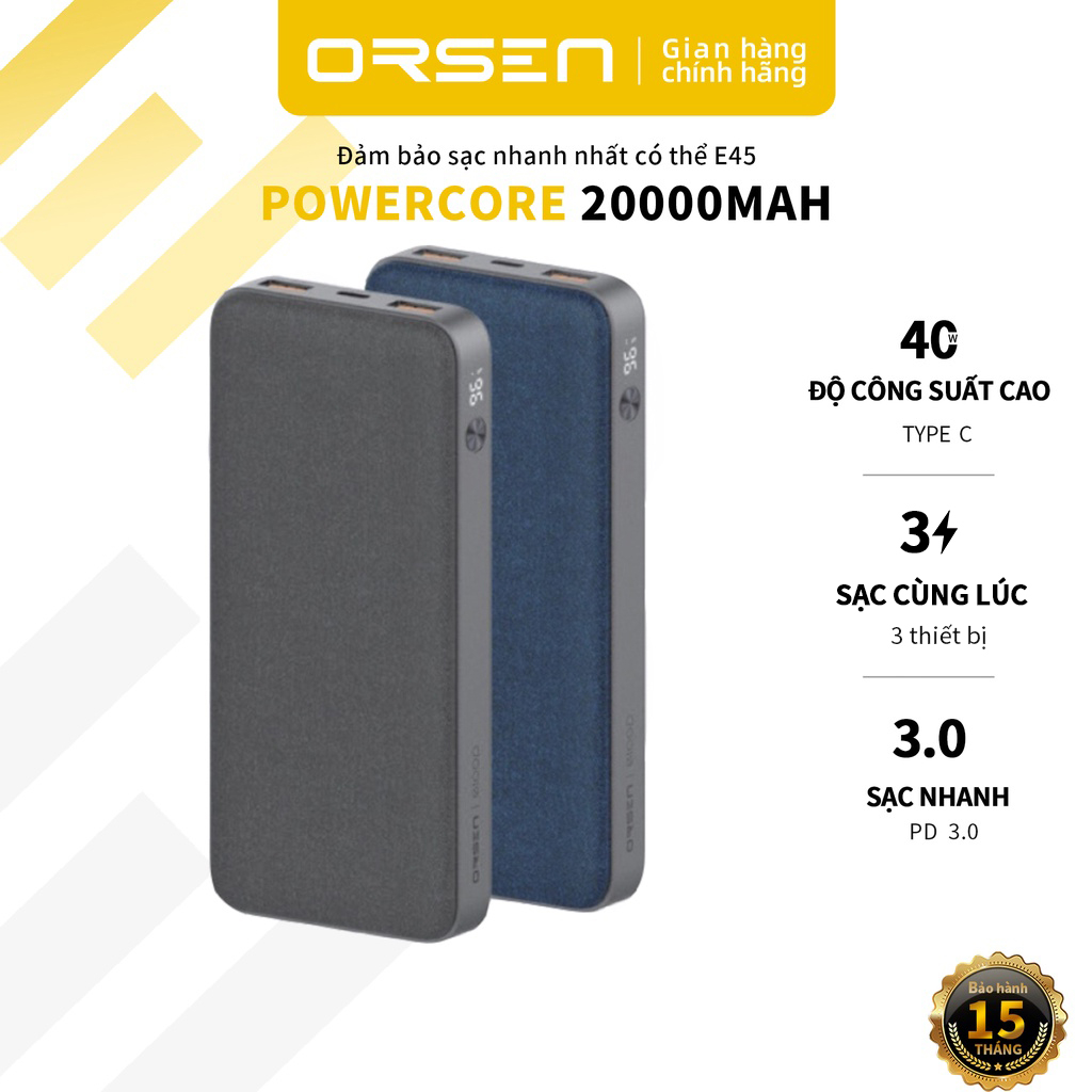 Orsen Pin Sạc Dự Phòng E45 20000mah QC4.0 PD 3.0 45W Cho Máy Tính | Gói Nguồn Hình Chữ c 100% ...