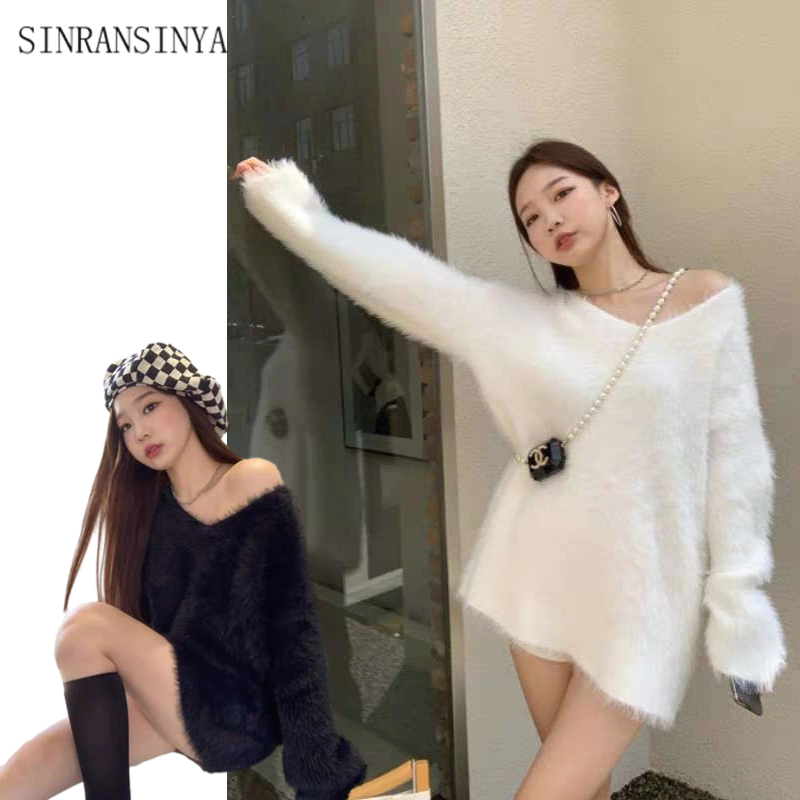 SINRANSINYA Áo Khoác sweater Dệt Kim Cổ Chữ v Dáng Rộng Vải Lông Chồn ...