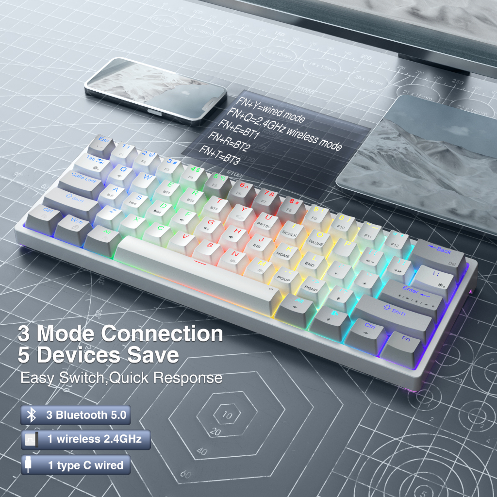 Bàn phím cơ khí AULA Solakaka SK961 Bluetooth 5.0/2.4G/có dây 61 phím ...