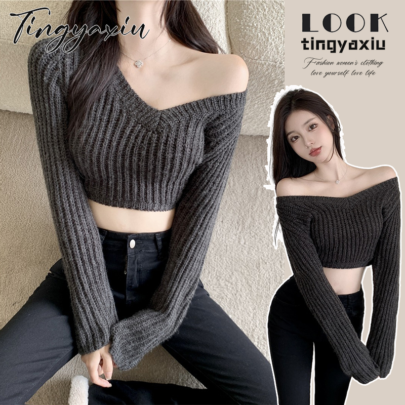 Áo len croptop TING YA XIU dệt kim bó sát thời trang mới thu đông cho ...