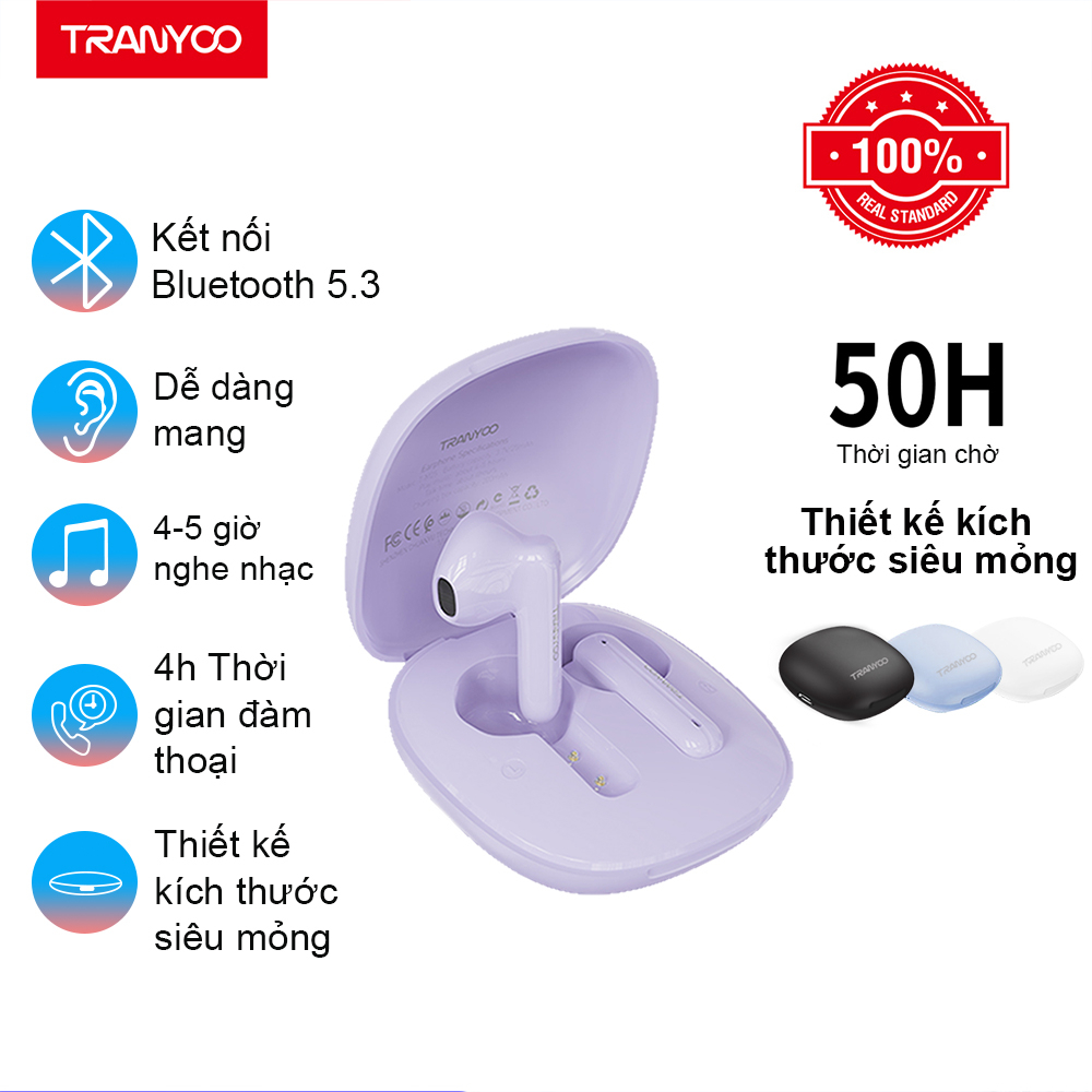 Tai nghe Bluetooth 5.3 không dây giảm tiếng ồn Tai nghe mini TRANYOO T-M25 sạc flash có micro ...