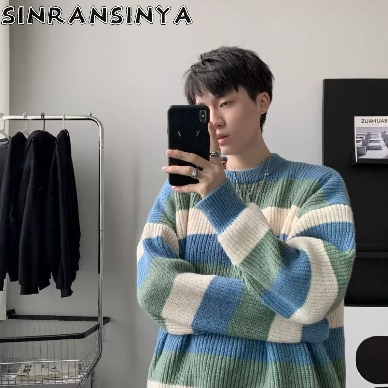 Sinransinya Áo sweater Dệt Kim Chui Đầu Cổ Tròn Kẻ Sọc Dày Cao Cấp Thời ...