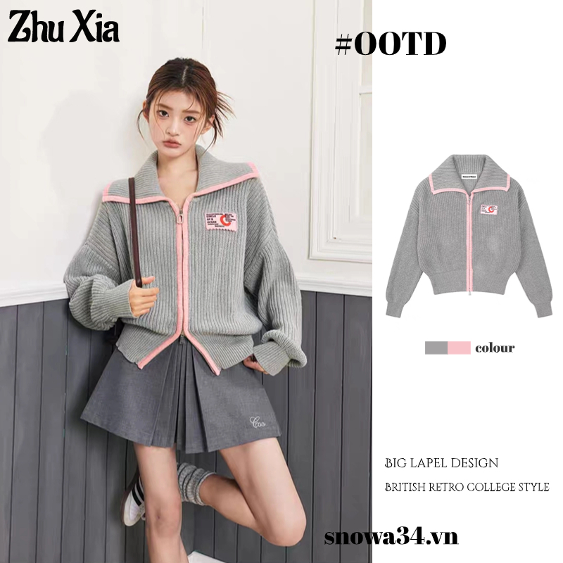 Zhu xia Áo Khoác cardigan Dệt Kim Dáng Rộng Có Khóa Kéo Phong Cách Đại ...