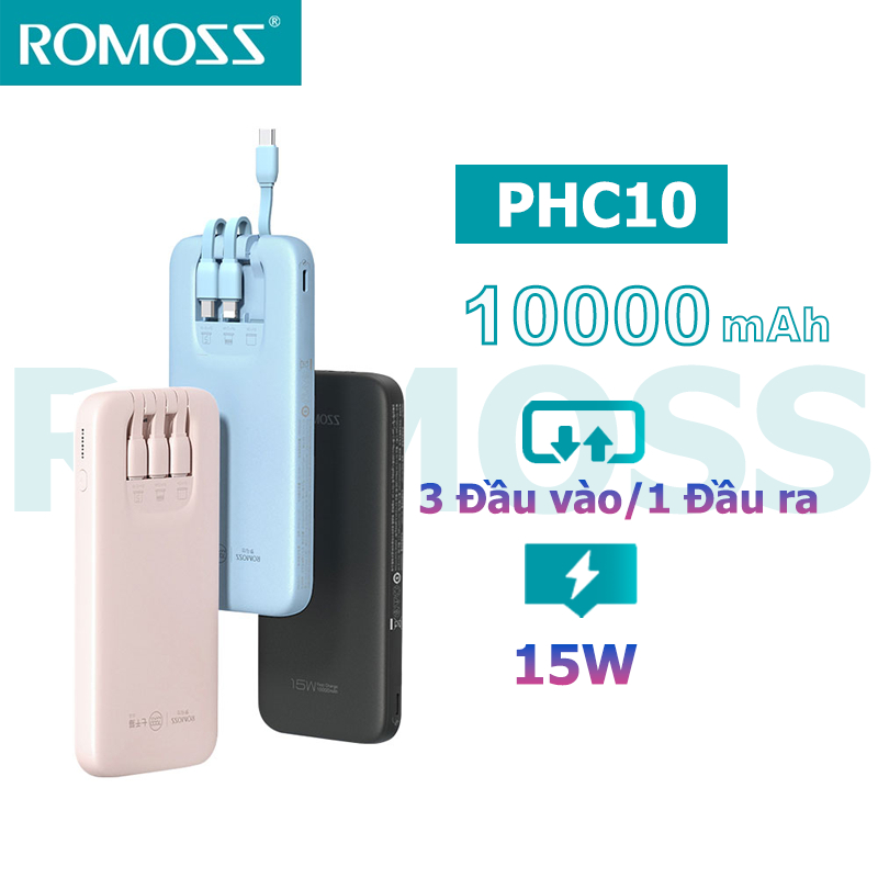 Sạc dự phòng ROMOSS PHC10 10000mAh tích hợp cáp Lightning/ Type-C ...