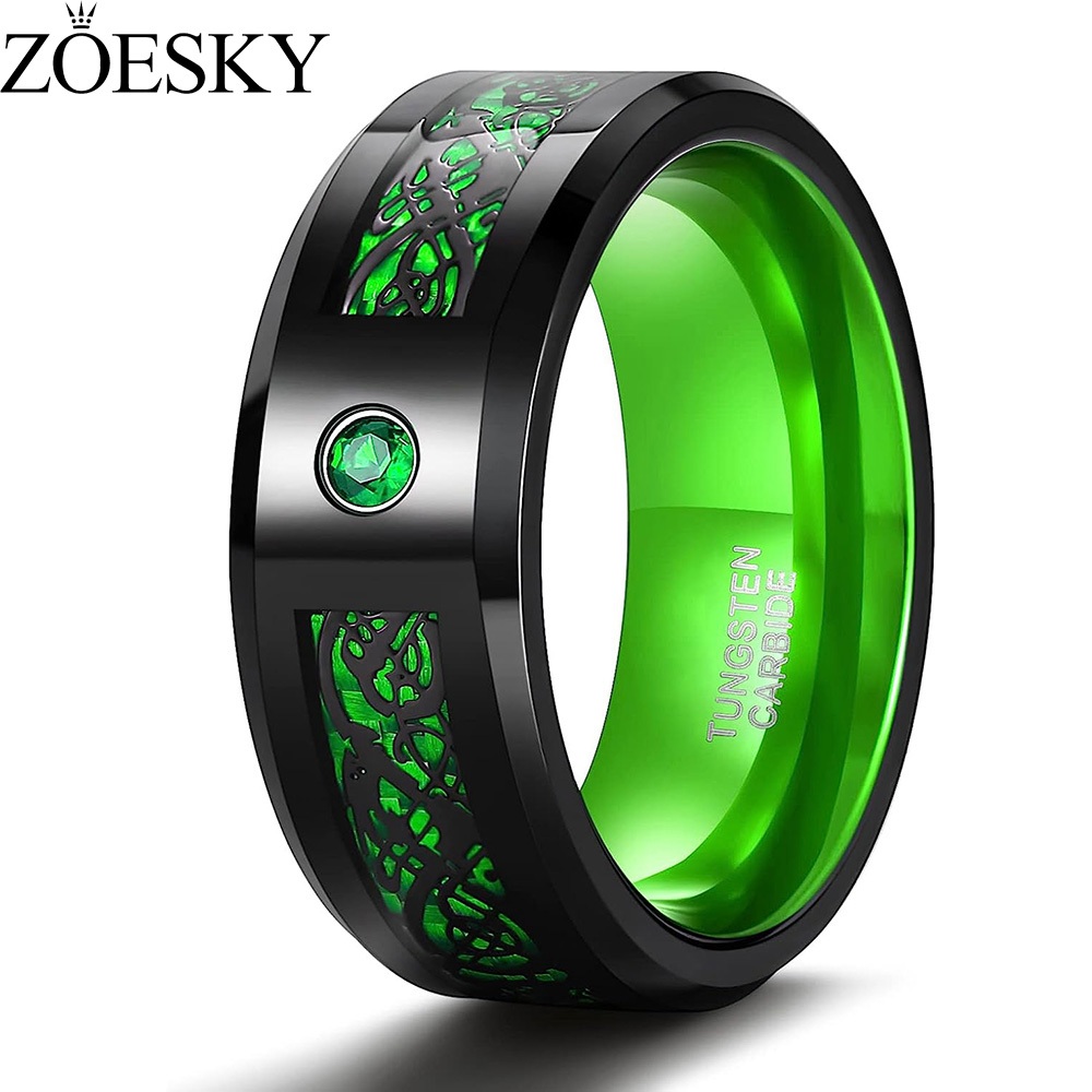Zoesky 8MM Nhẫn Vonfram Dành Cho Nam Đen / Xanh Cubic Zirconia Vĩnh Cửu ...