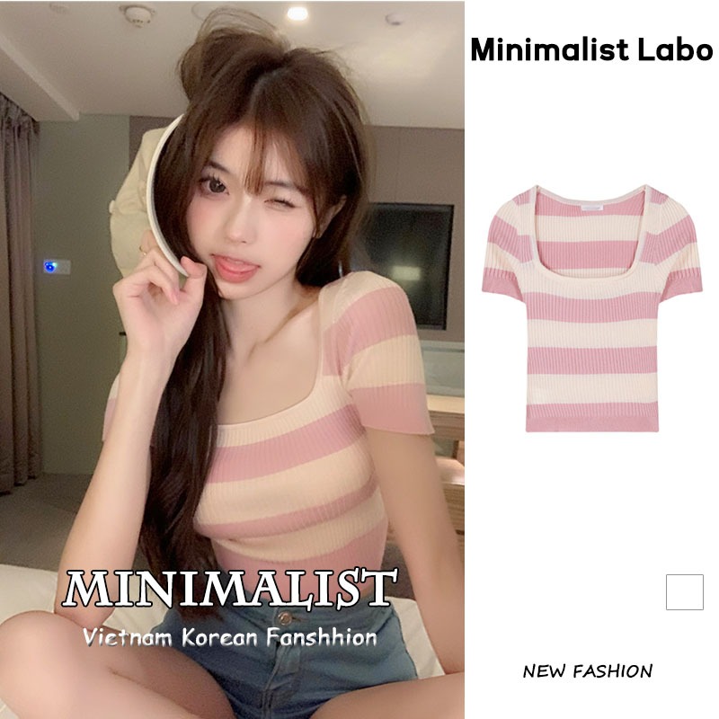 Minimalist Labo Áo croptop dệt kim tay ngắn cổ vuông thiết kế kẻ sọc cá ...