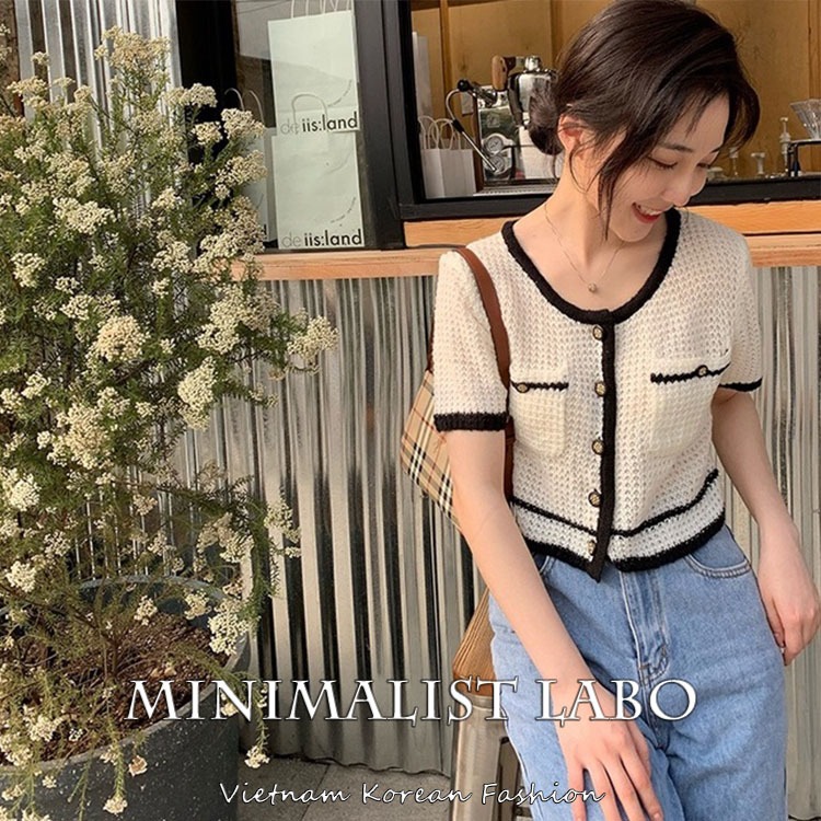 Áo croptop Minimalist Labo dệt kim cổ tròn phối nút thời trang cho nữ ...