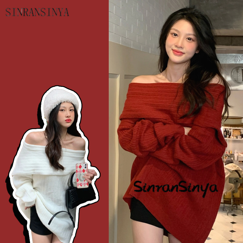 SINRANSINYA Áo Len Nữ Vai Áo Len Đỏ Cổ Thuyền Áo Len Áo Khoác Ngoài Nữ ...