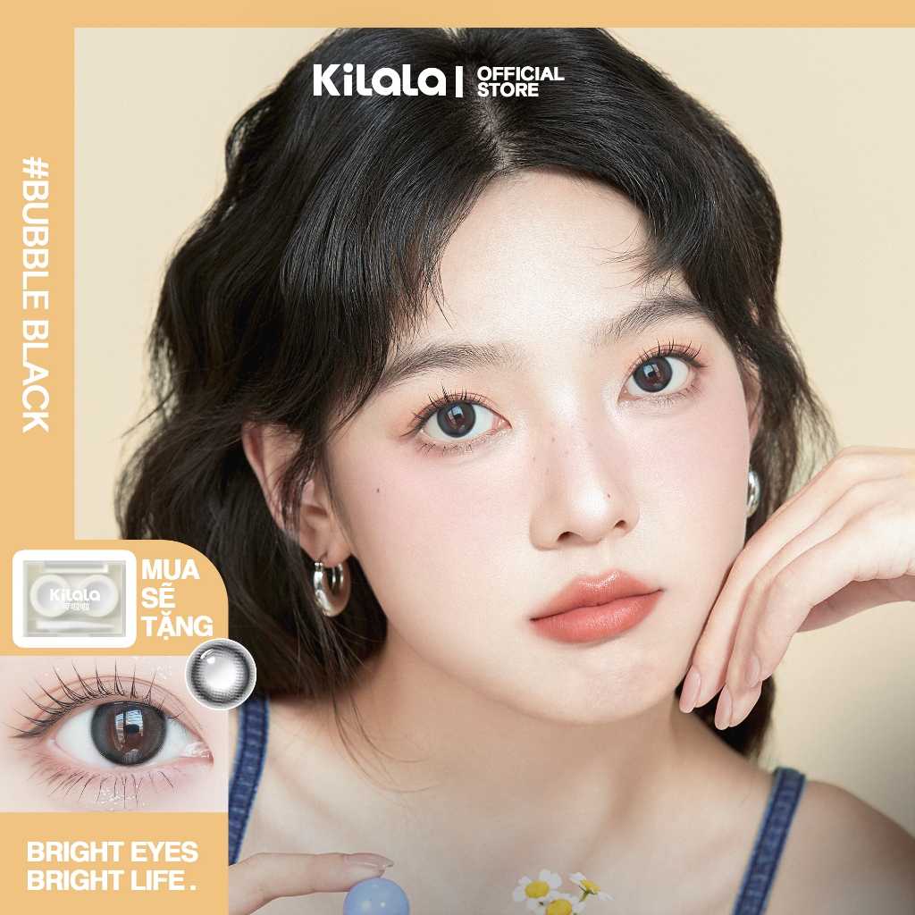 Kính áp tròng Kilala màu đen Bubble Black lens cận 6 tháng DIA 14.2mm ...