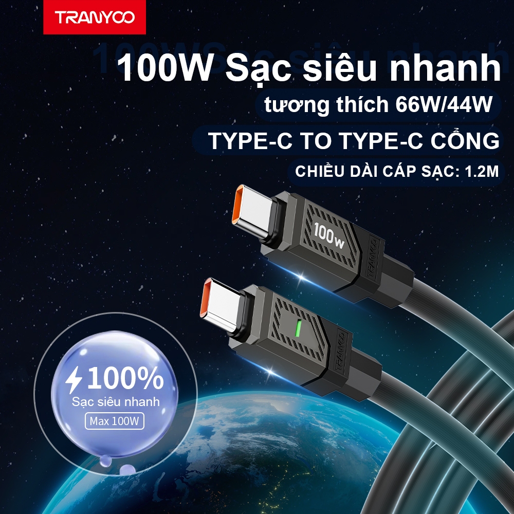 Cáp dữ liệu sạc nhanh Tranyoo CC-2 100W 1.2M 6A sạc nhanh 3.0 Cáp sạc USB sang Type-C cho ...