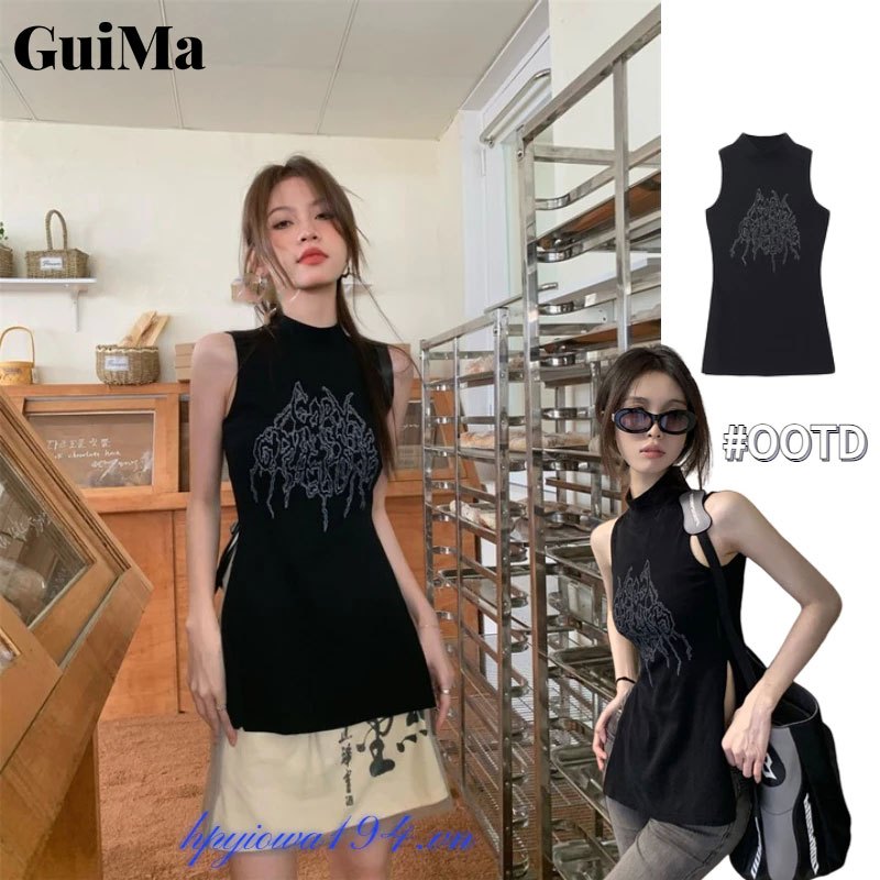 GuiMa Women's black sleeveless T-shirt new design sexy slim waist slit ...