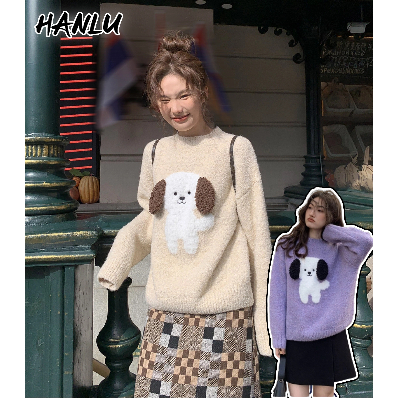 Hanlu Áo sweater Dệt Kim Dáng Rộng Phối Lông Họa Tiết Chú Chó jacquard Dễ Thương Cho Nữ | Shopee ...